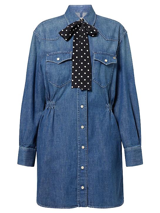 VALENTINO Valentino Garavani Denim Midi Shirt Dress with Polka Dot Scarf Tie